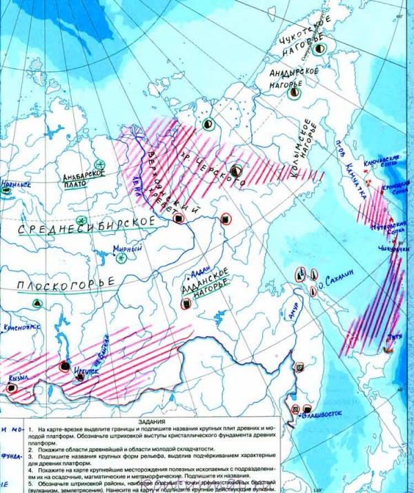 На карте врезке выделите границы и подпишите названия крупных плит древних и молодой платформ