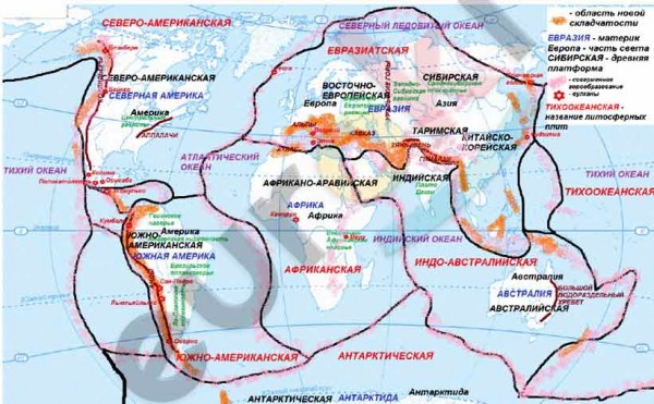 Подпишите на контурной карте название литосферных плит Обозначьте древние платформы и области